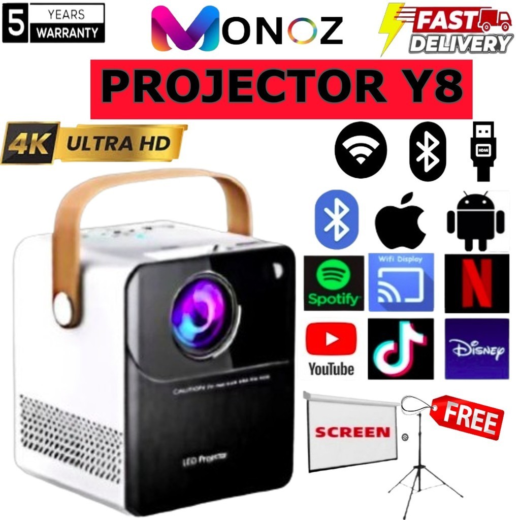 Projector Y8 Portable Smart Mini 6000 Lumens 4K HD 1080P Projector WiFi ...