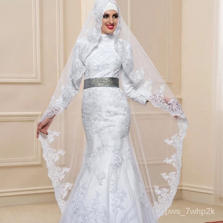 JS1X 6002#High Neck Mermaid Muslim Lace Applique Long Sleeve Modest ...