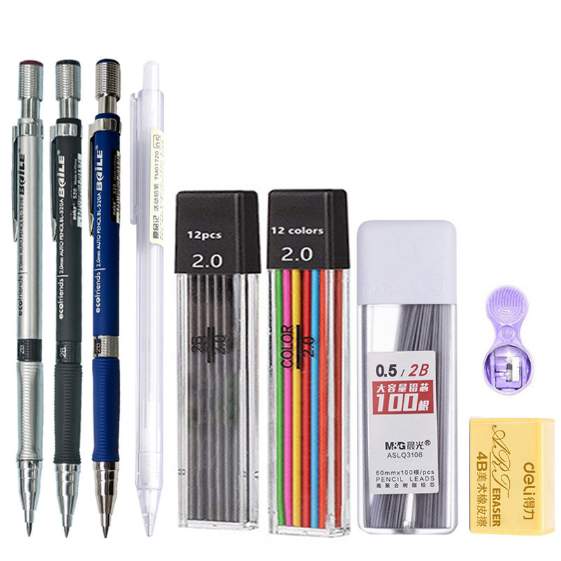 Mechanical Pencil Set 2.0 mm with 2B Black/Colors Lead Refill For ...