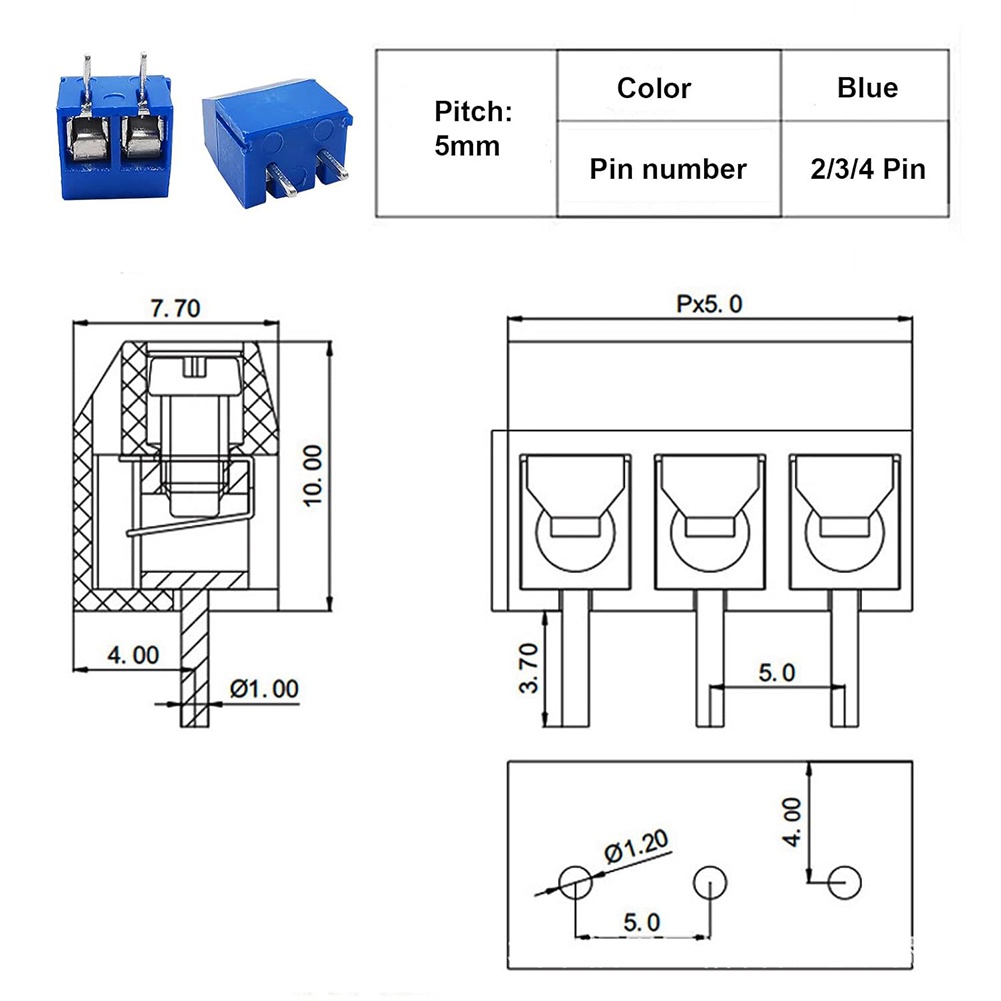 100Pcs KF301-2P KF301-3P KF301-4P Spliceable PCB Terminal Block ...