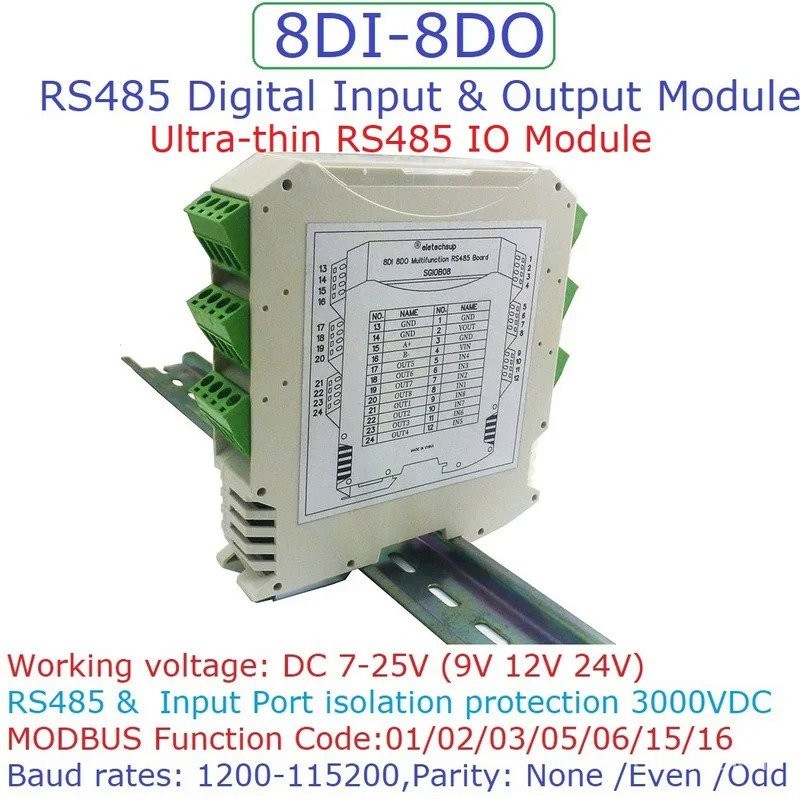 Safety Barrier Ultra-thin RS485 IO Module 8DI-8DO RS485 Digital NPN Input Output MODBUS RTU for ...