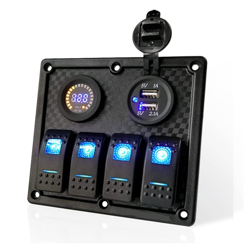 ⚕Rocker Switch Panel With Digital Voltmeter Dual USB Port 12-24V 4 Gang ...
