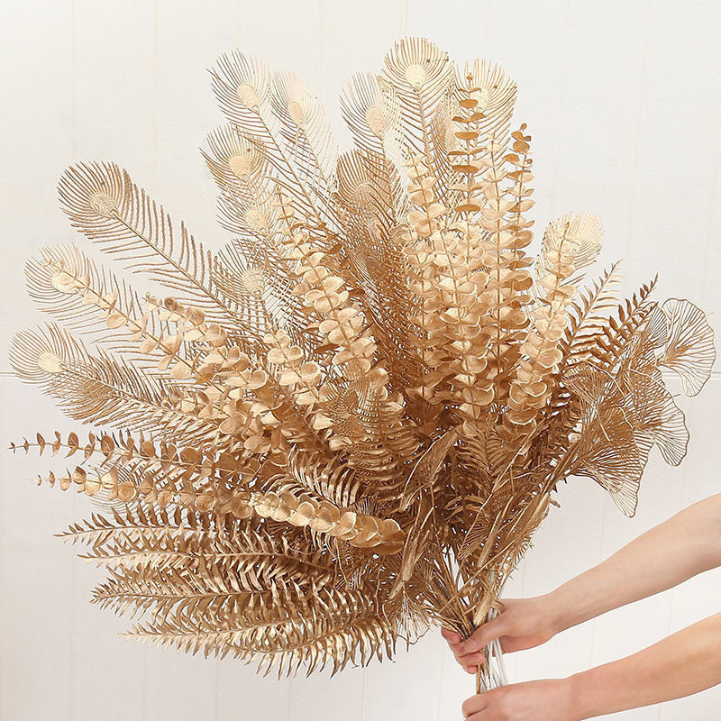 1Bunch Gold Artificial Flower Peacock Feather Maple Leaf Eucalyptus ...