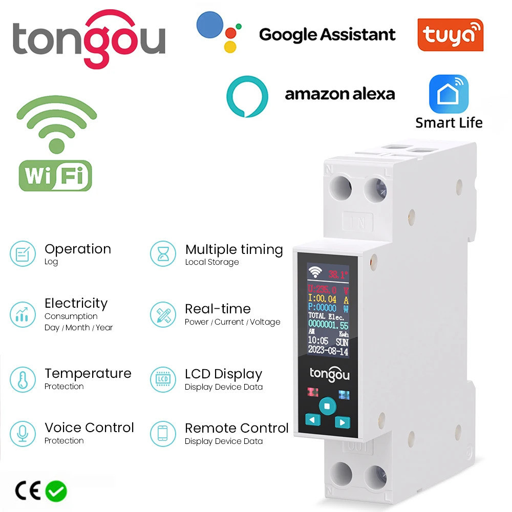 1P 50A Tuya WIFI Smart Switch Circuit Breaker LED Energy Meter KWh ...