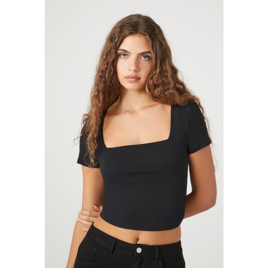 Forever 21 Women's Ribbed Ruched Square-Neck Crop Top | Shopee Philippines