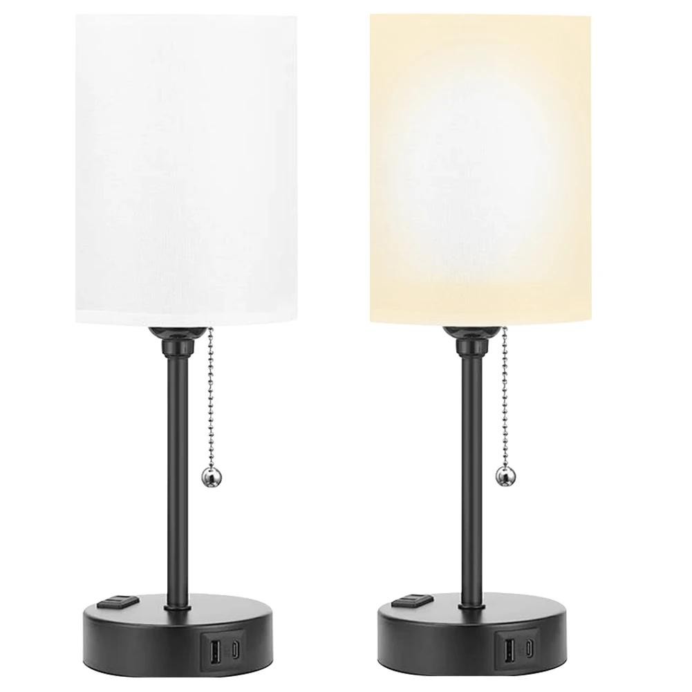 Desk Lamp Pull Chain White Nightstand Metal Base with USB C and A Ports ...