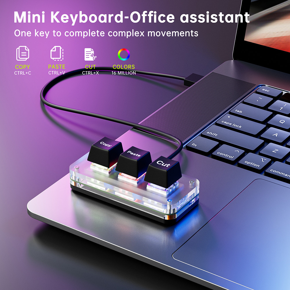 ⓥRGB Mini Cut Copy Paste Keyboard 3-Key Macro Keypad USB Type-C Gaming ...