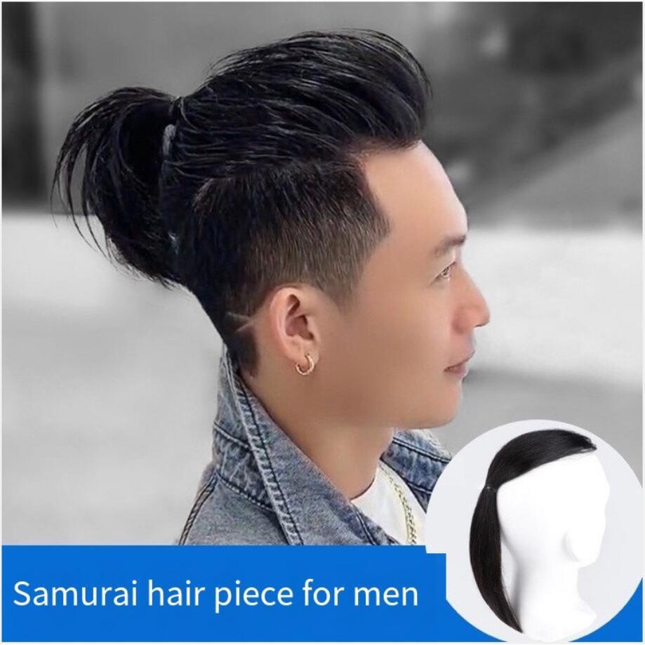 Men s real hair ponytail natural samurai head back head wig short ...