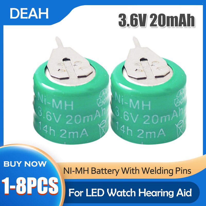 1-8PCS 3.6V 20mAh Ni-MH Ni MH Rechargeable Battery With Solder Pins For Solar Clock Water Heater ...