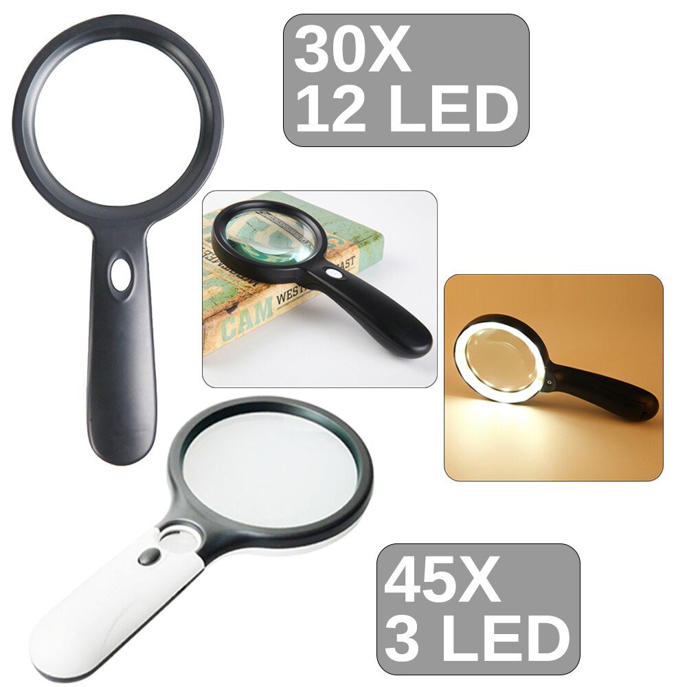 30X Hand held Large Reading Magnifying Glasses with 12 LED Illuminated ...