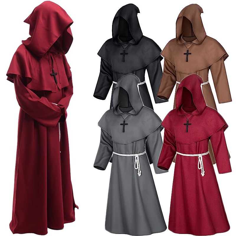 Halloween Wizard Costume Cosplay Medieval Hooded Robe Costume Monk ...