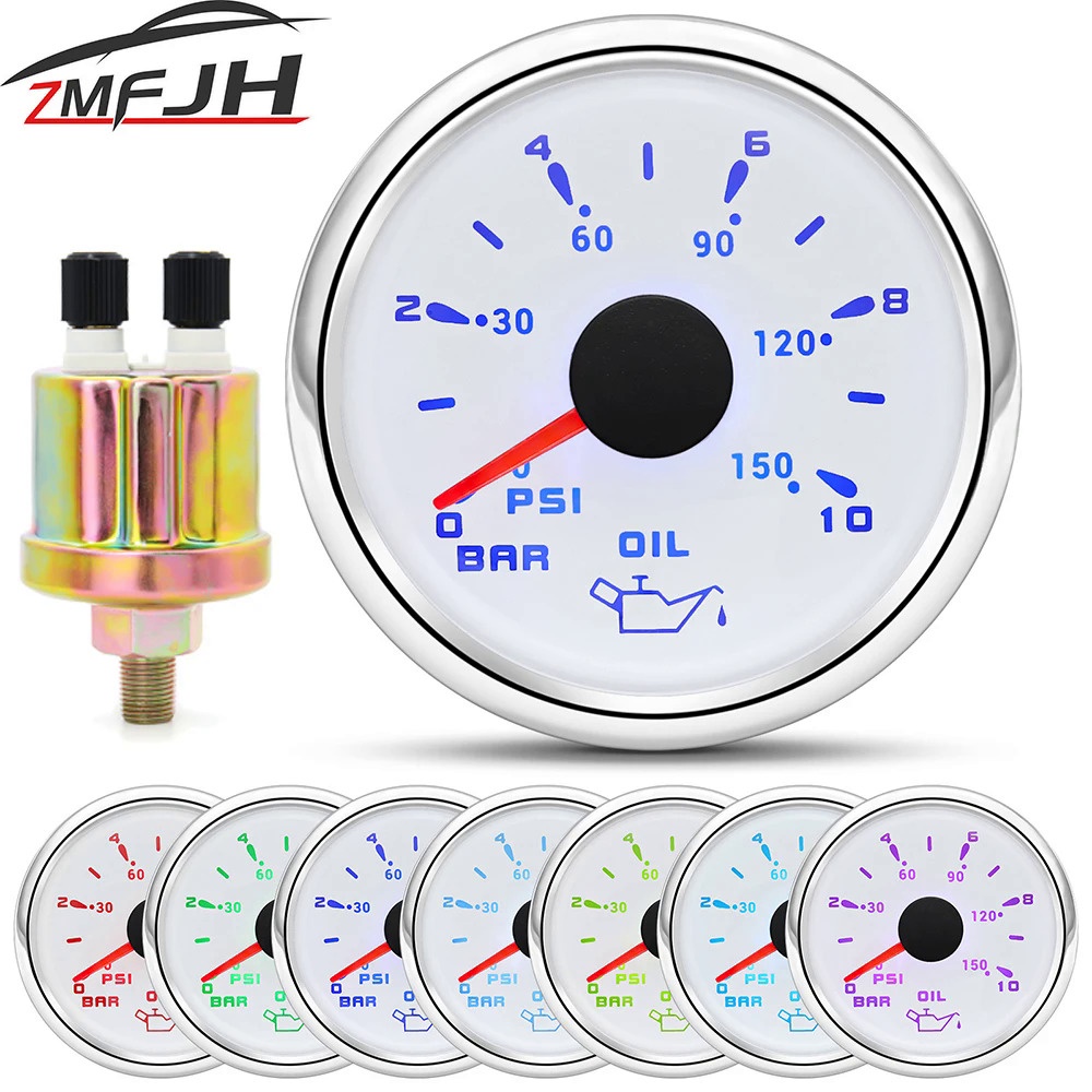 A 7 Color Backlight 52 mm Auto Marine Oil Pressure Gauges 10 Bar Oil ...