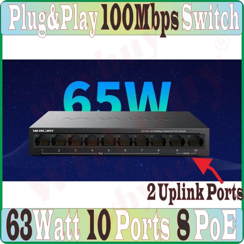 10 ports 2 uplink ports 8 poe 65W 100Mbps MCU PoE Switch Ethernet ...
