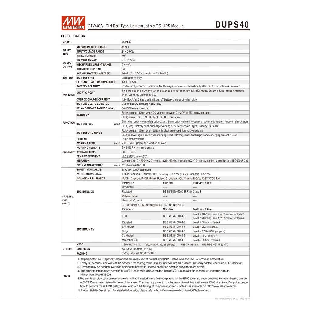MEAN WELL DUPS40 24V 40A DIN Rail Type Uninterruptible DC-UPS Module ...