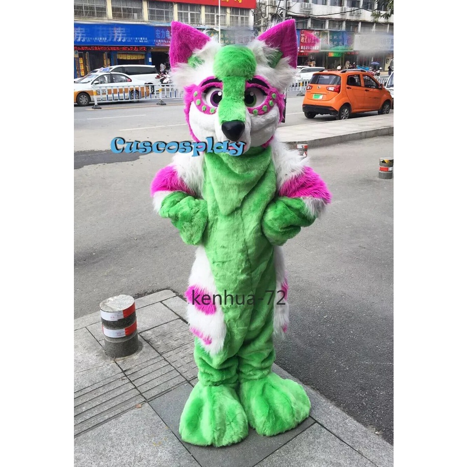 Green Pink Fursuit Mascot Costumes Fox Dog Halloween Fancy Party Dress ...
