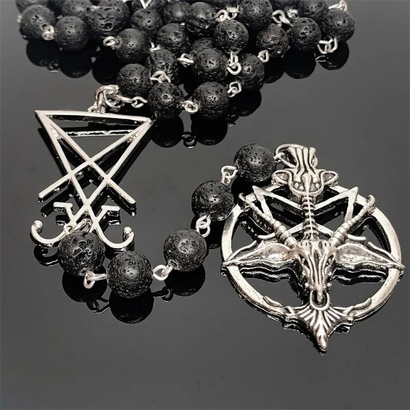 Black Lava Bead Satanic Rosary with Silver Color Toned Baphomet ...
