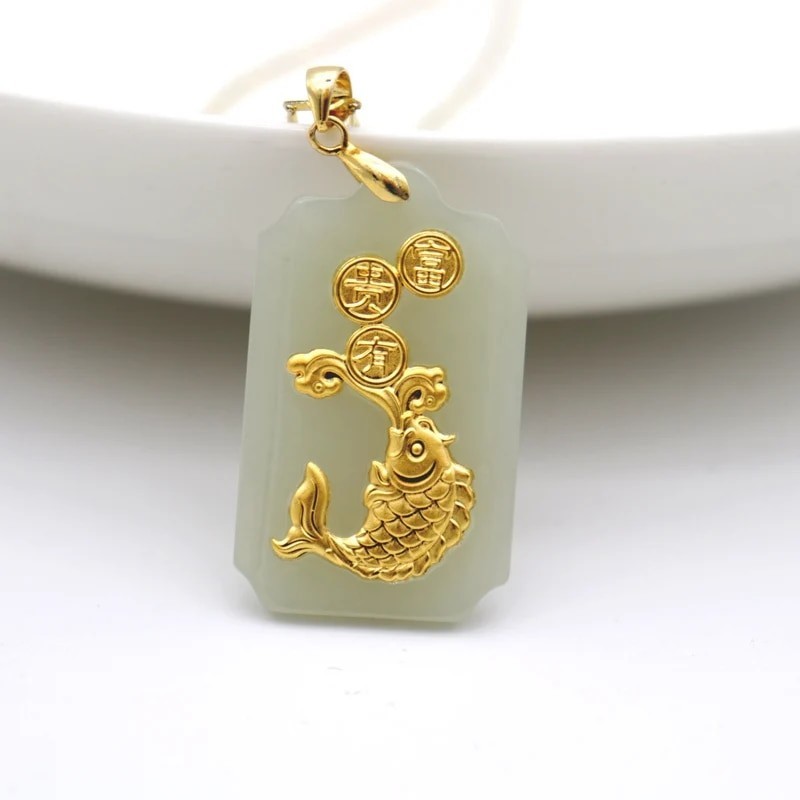 Hetian White Jade Necklace Natural Nephrite 24K Gold Fugui Yuyu Fish ...