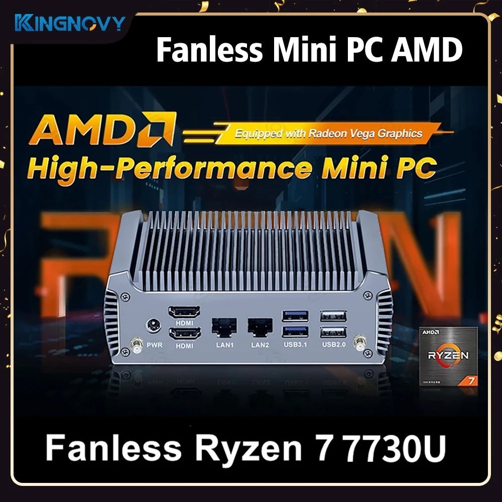 Fanless AMD Mini PC FU02 Ryzen 7 7730U 7530U Gaming Mini Computer Windows 11 Dual LAN Firewall ...