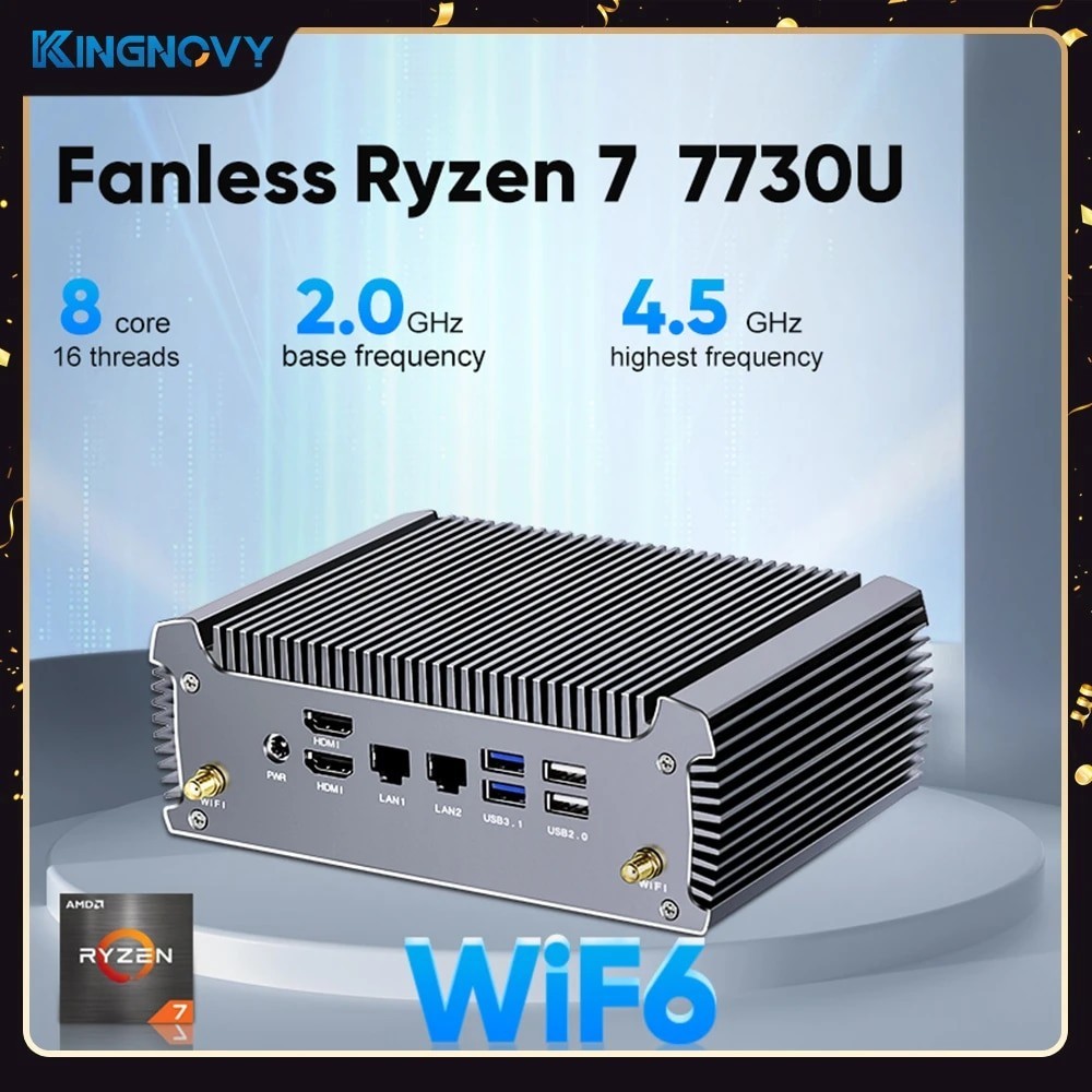 Fanless Mini PC AMD Ryzen 7 7730U 7530U Barebone PC Desktop Gaming Computer Dual LAN Firewall ...