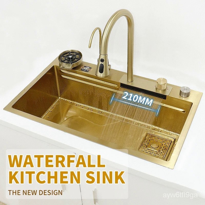 Waterfall Kitchen Sink Gold 304 Stainless Steel Modern Multifuctional ...