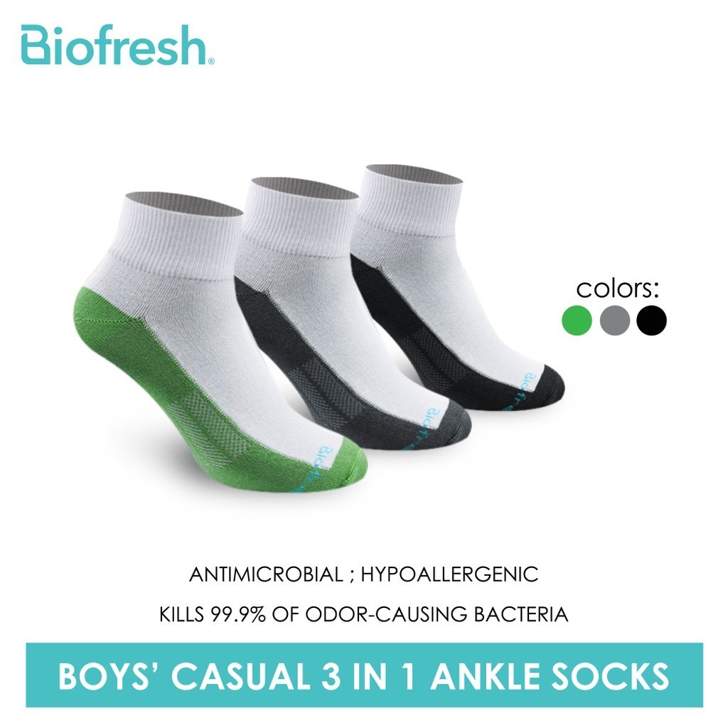 Biofresh Boys’ Antimicrobial Cotton Lite Thin Casual Ankle Socks 3 ...