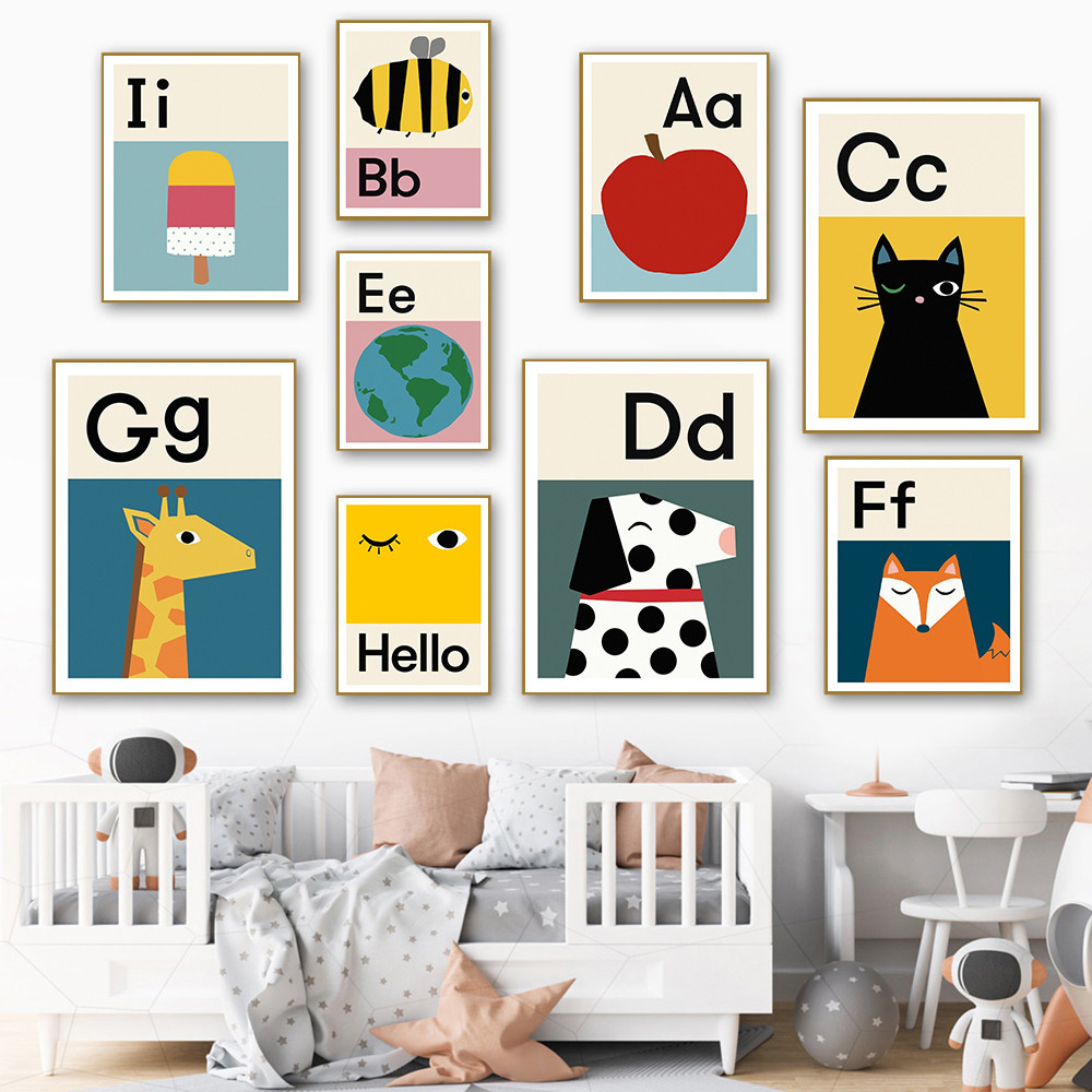 ~Cartoon ABCD Alphabet Poster Education Canvas Painting Letter Animal ...