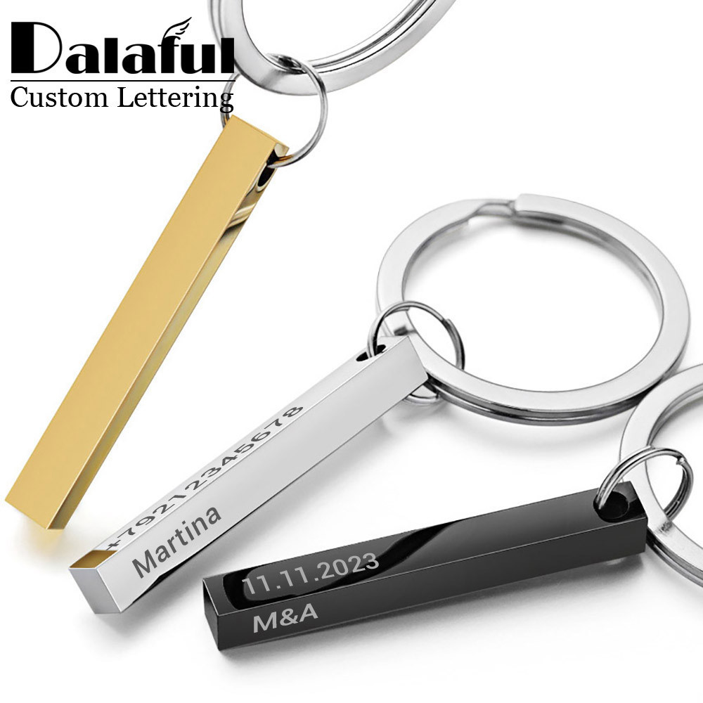 Personalize Keychains 3D Bar Stainless Steel Keyrings 4 Sides Engrave ...