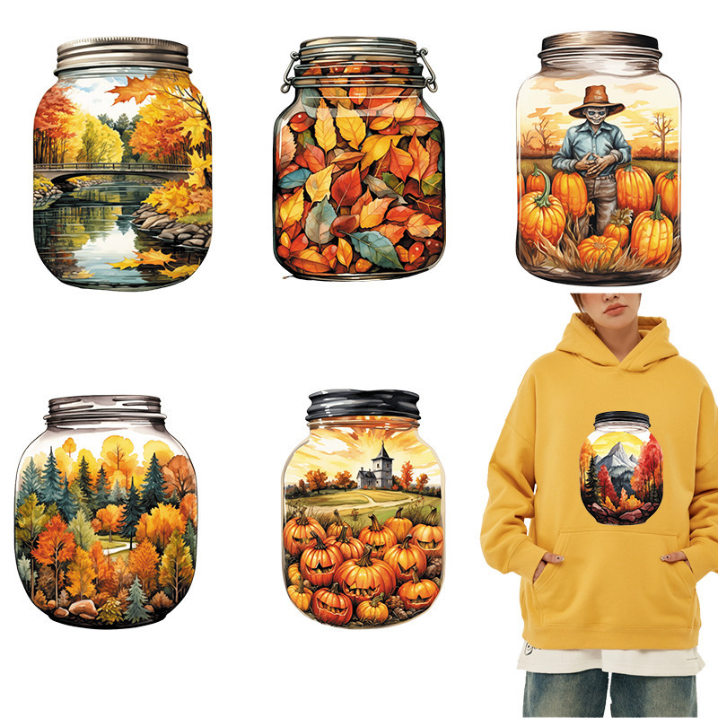 ☝Watercolor Autumn Glass Bottle DTF Thermo Sticker Decals Heat Transfer ...