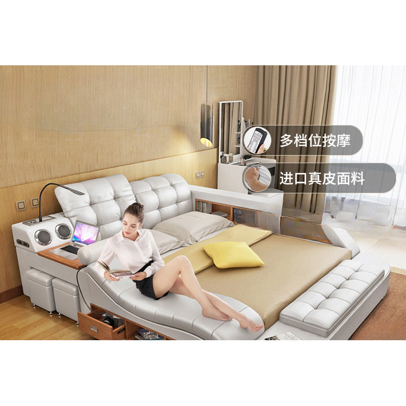 ⓞLeather bed master bedroom double queen bed 2m modern simple storage ...