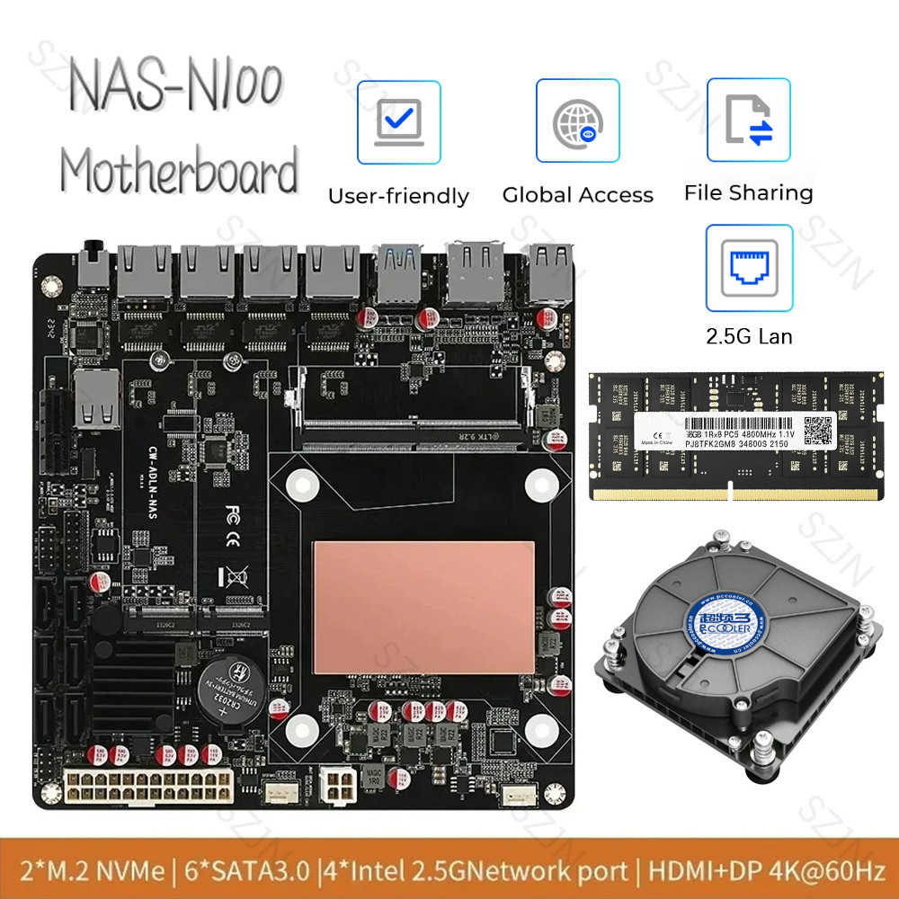 ♠N100 NAS Motherboard Mini ITX DDR5 8G 4800Mhz 12th Gen Intel 4x I226-V ...