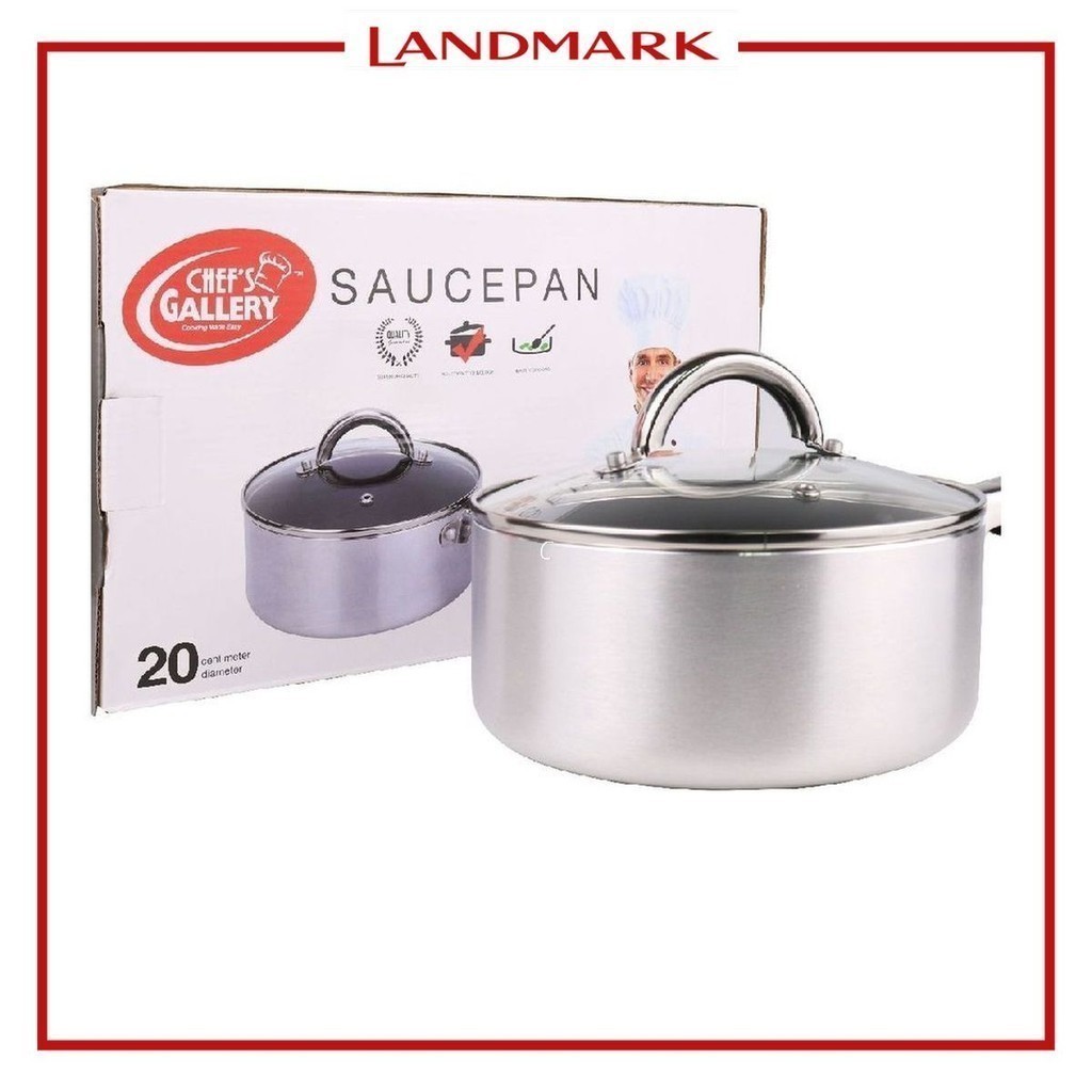 Chef Gallery Stainless Sauce Pan 20cm with Glass Lid In Gift Box 20 x 4 ...