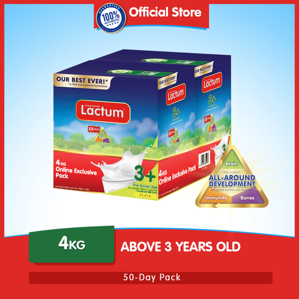 Lactum 3+ Plain 4kg (2kg x 2) Powdered Milk Drink for Children Above 3 ...