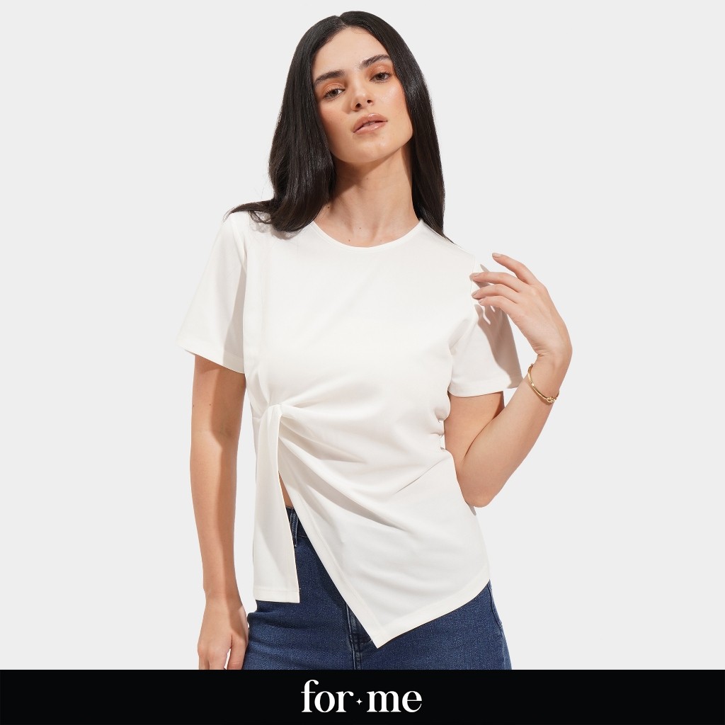 ForMe Asymmetrical Round Neck Tee T-Shirt for Women (Off White ...