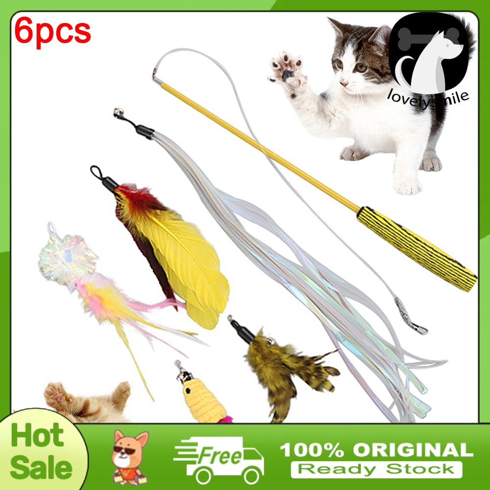 L~♧6Pcs Pet Cat Kitten Feather Bell Tassel Teaser Play Stick Wand Toy ...