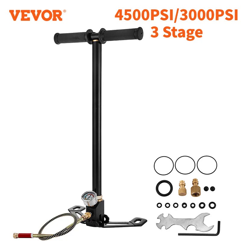 VEVOR PCP Pump 3 Stage 30MPa 4500PSI W/ Pressure Gauge Air Hand Stirrup ...