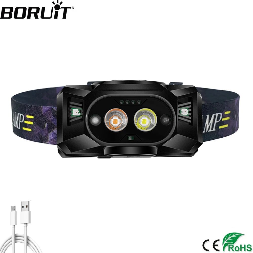 BORUiT LED Headlamp Sensor Headlight USB Rechargeable Waterproof ...