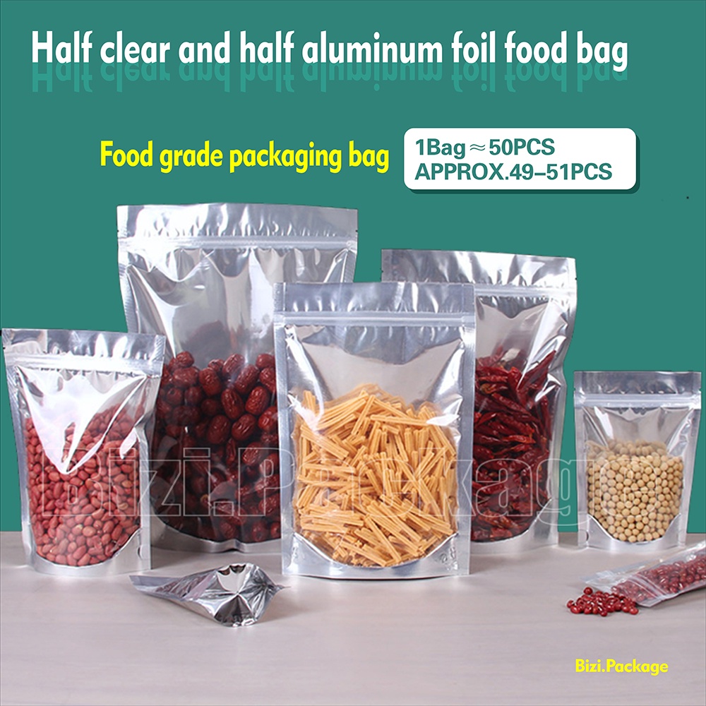 50pcs Half Silver Aluminum Half Clear Stand Up Pouch with Zip Lock ...
