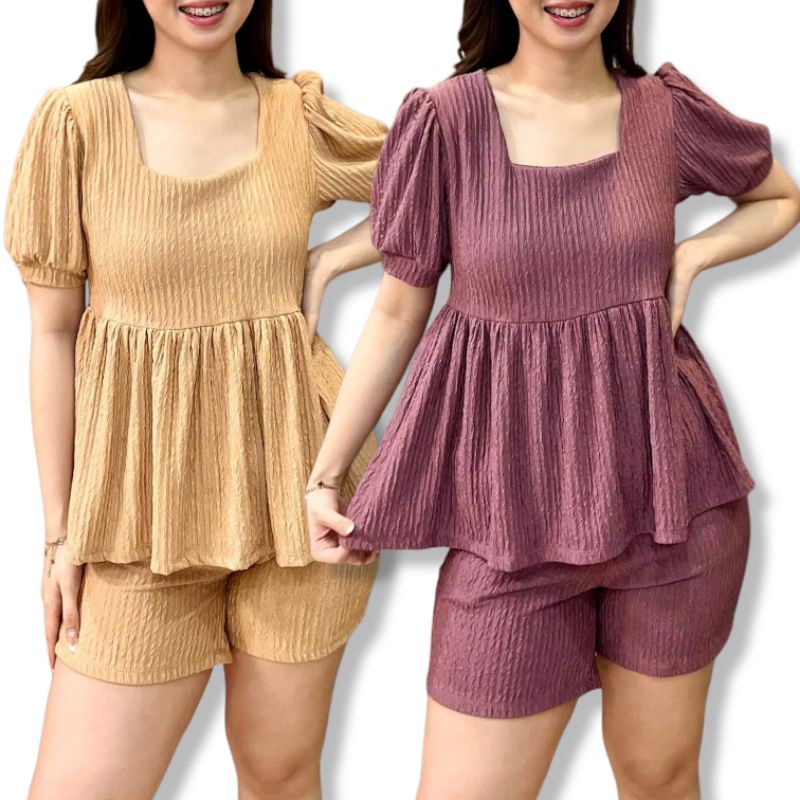 BARK CREPE PEPLUM TOP & SHORTS COORDINATES (M-XL) | Shopee Philippines