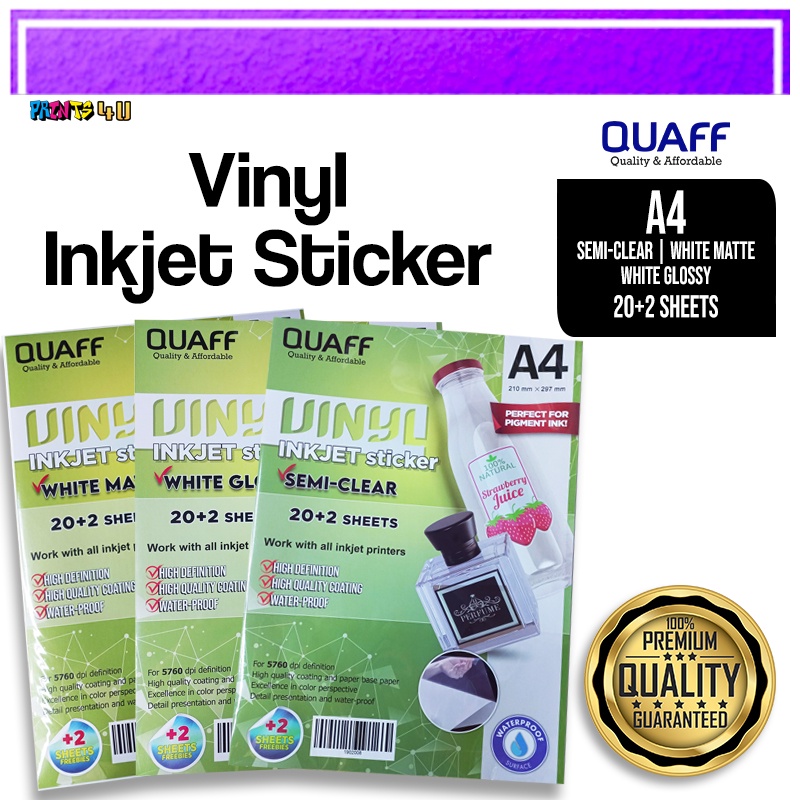 Quaff Vinyl Inkjet Sticker Waterproof A4 Size 22 Sheets Per Pack Semi ...