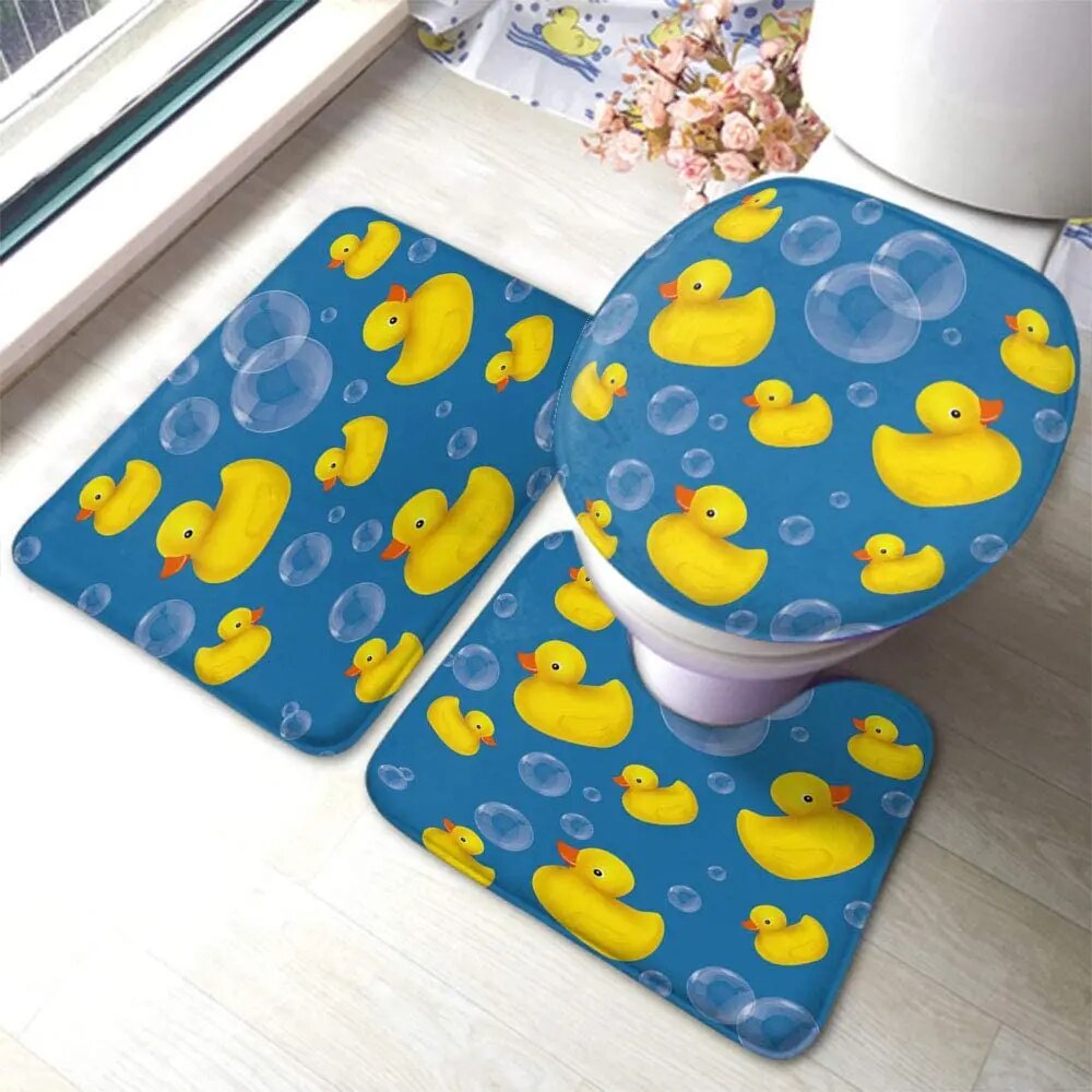 Rubber Duck Bathroom Rugs and Mats Sets 3 Piece Soap Bubble on Blue ...