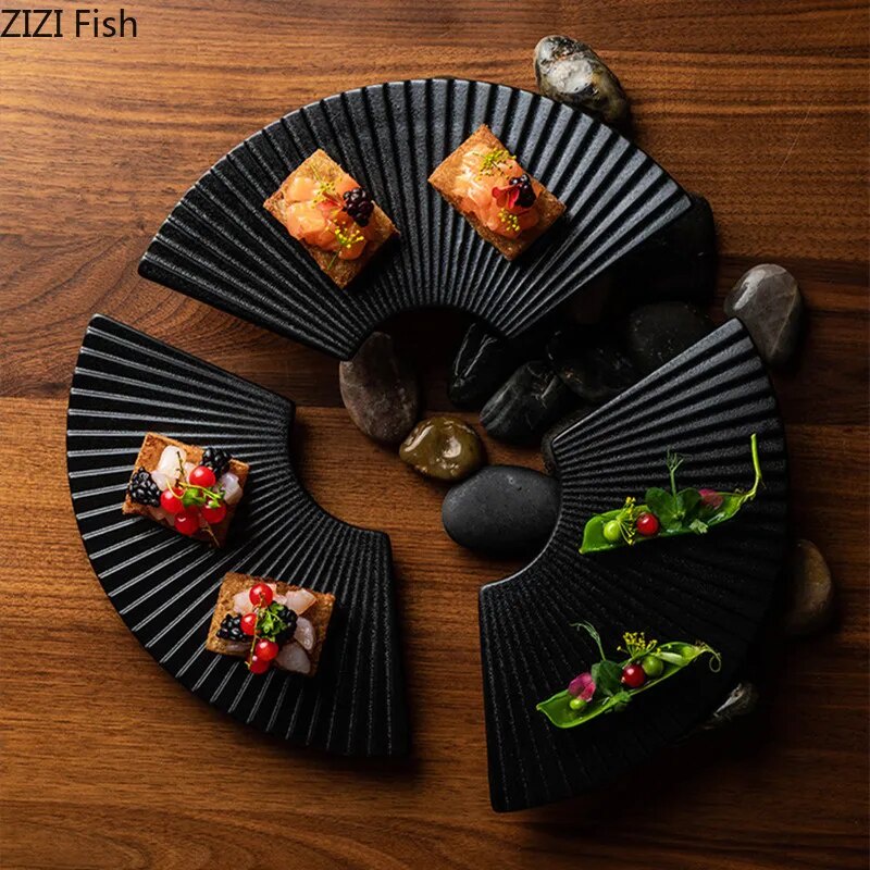 ☮Fan-shaped Striped Plate Restaurant Creative Sushi Plate Afternoon Tea ...