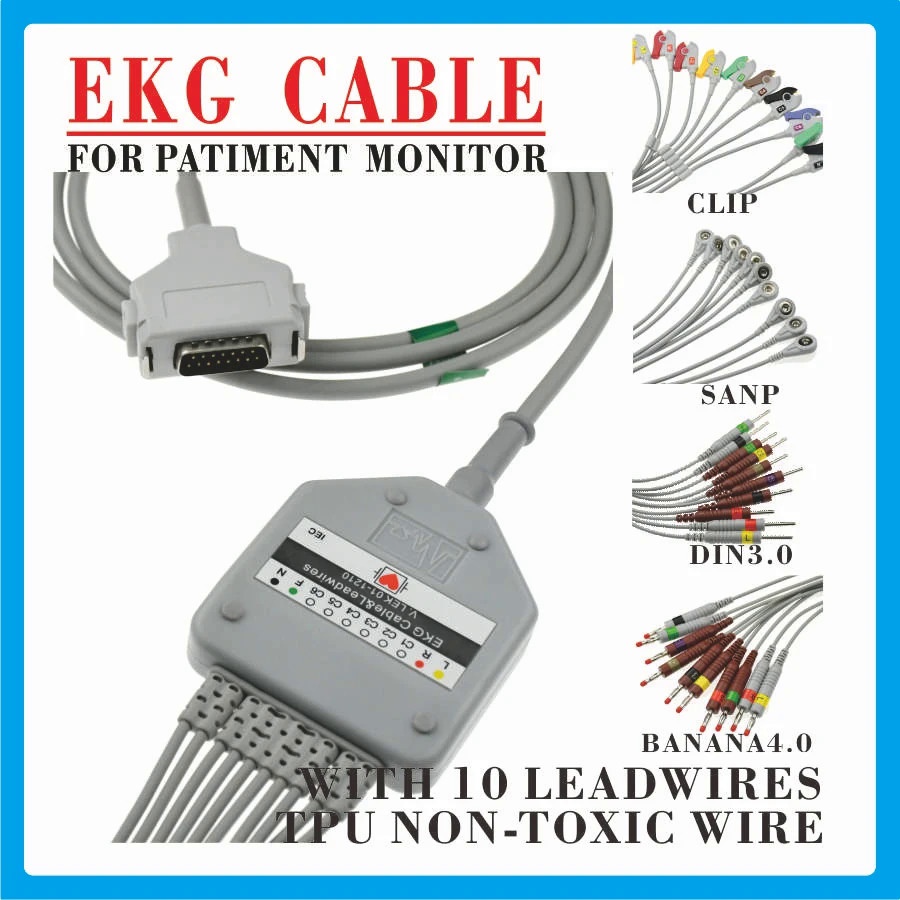 02A Ekg Ecg Cable One-Piece Electrocardiograph 10 Leads Wires Clip Snap ...