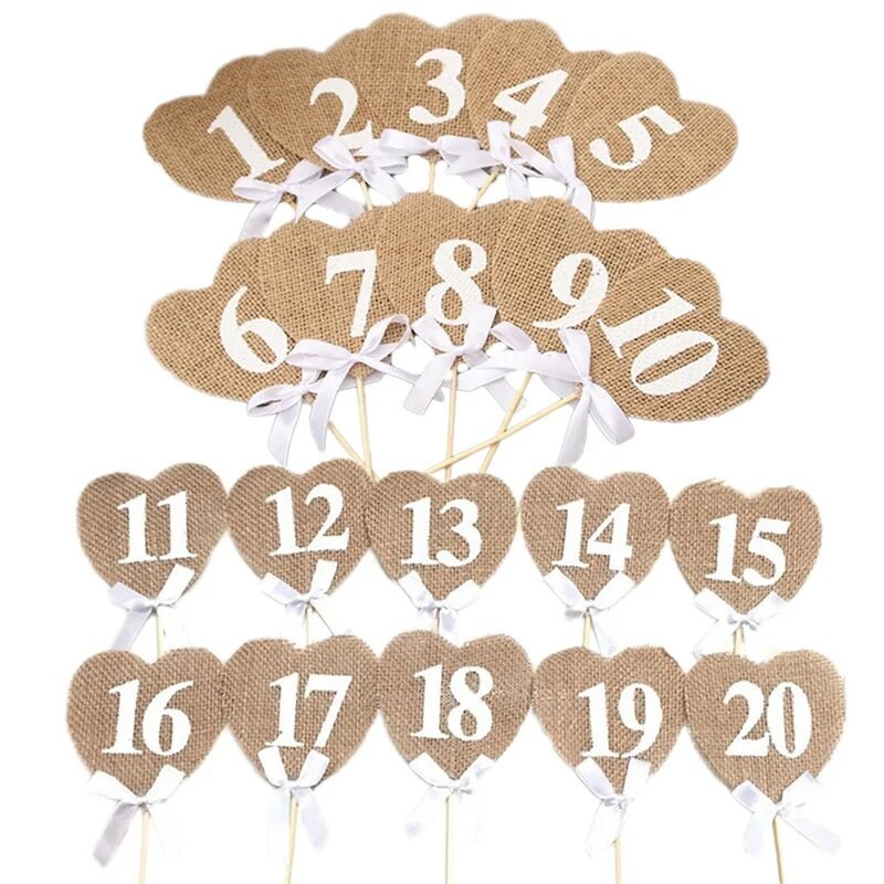 20pcs Wedding Table Number Cards Heart Shaped Burlap Reception Seating ...