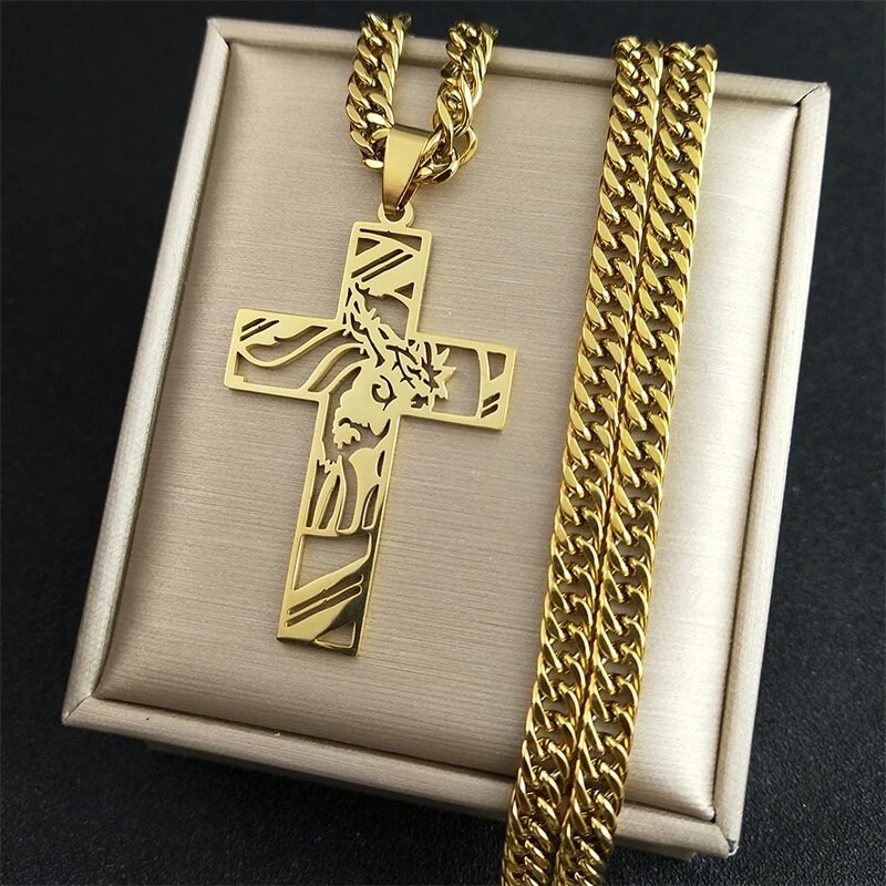Punk Crown of Thorns Jesus Cross Pendant Necklace Stainless Steel Gold ...