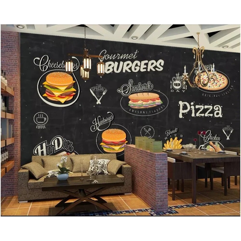 46C 3d wallpaper custom photo mural Hand drawn burger pizza shop ...