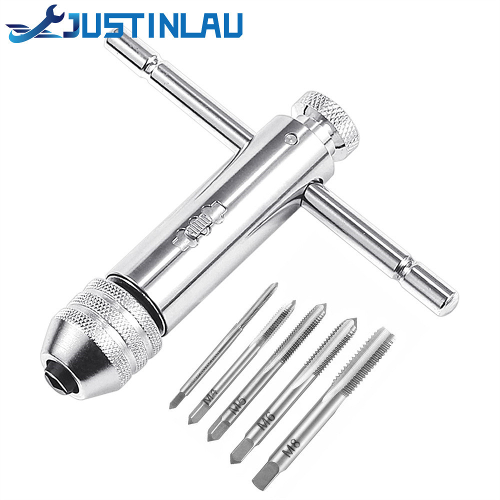 Adjustable Silver T-Handle Ratchet Tap Holder Wrench Set Hand Tools with 5pc M3-M8 Machine Screw ...