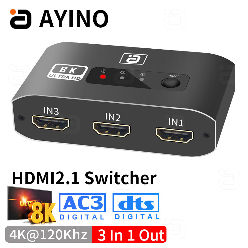♥AYINO 8K@60KHz HDMI2.1 Switch 3 In 1 Out 4K@120KHz 3 Port Input 1 Output Switcher For TV Box rh ...