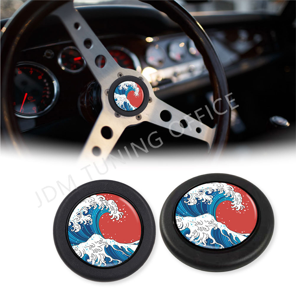 유Universal 60mm JDM Styling Racing Car Sport Gaming Steering Wheel JDM Rising Sun Blue Wave HorB ...