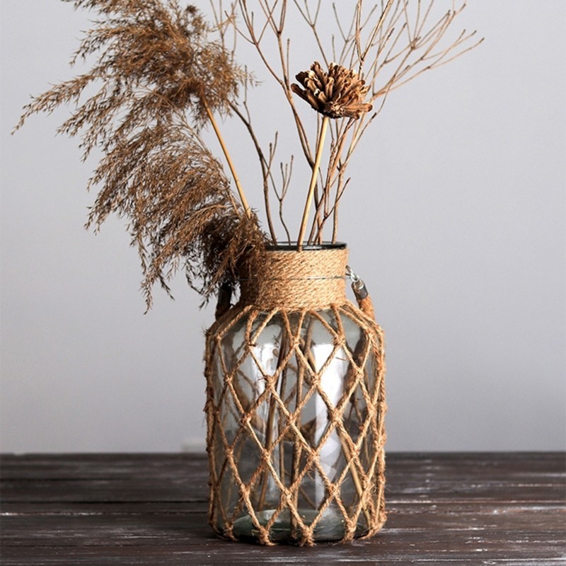 【Clear Florals Jar Hydroponics Flower Vase with Handle Handwovens Rope ...