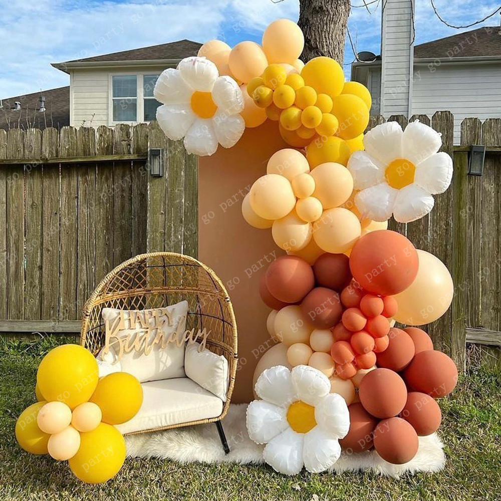 ☊88pcs Daisy Balloons Garland Arch Kit Retro Coffee Blush Yellow Latex ...